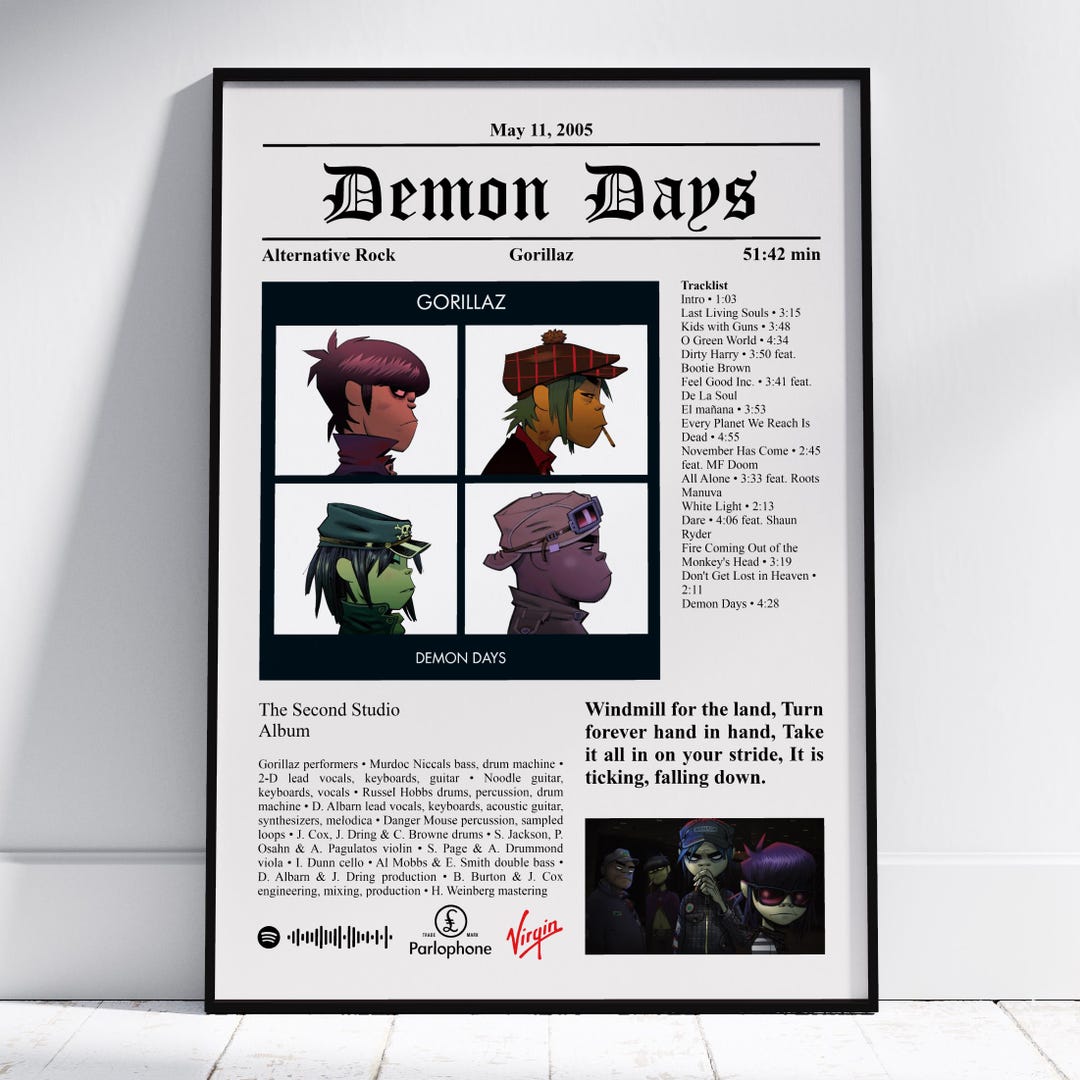 Album Music Poster Newspaper Style Demon Days, Gorillaz, Frame Wall Art ...