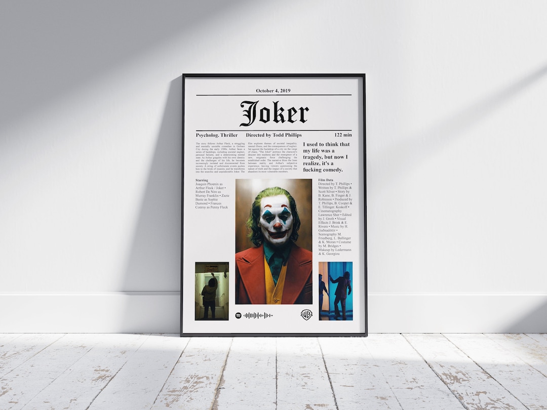Film Movie Poster Newspaper Style Joker, Todd Phillips, Frame Wall Art ...