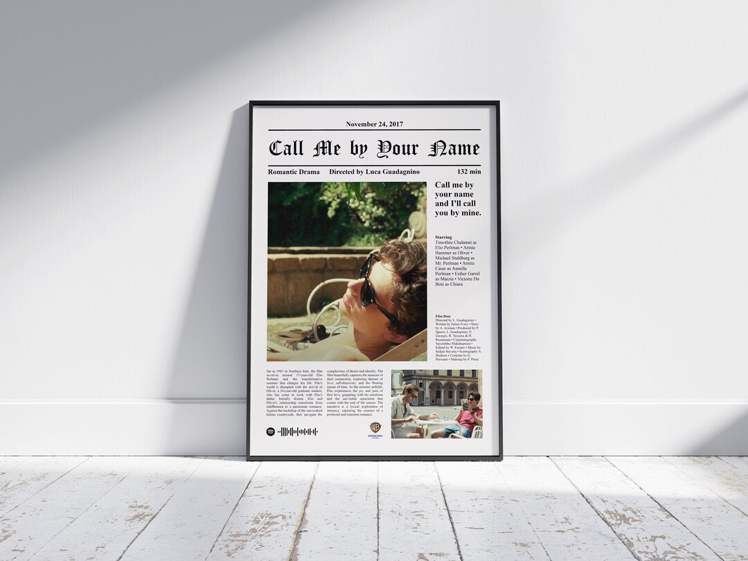 Film Movie Poster Newspaper Style Call Me by Your Name, Luca Guadagnino, Frame Wall Art, - Etsy