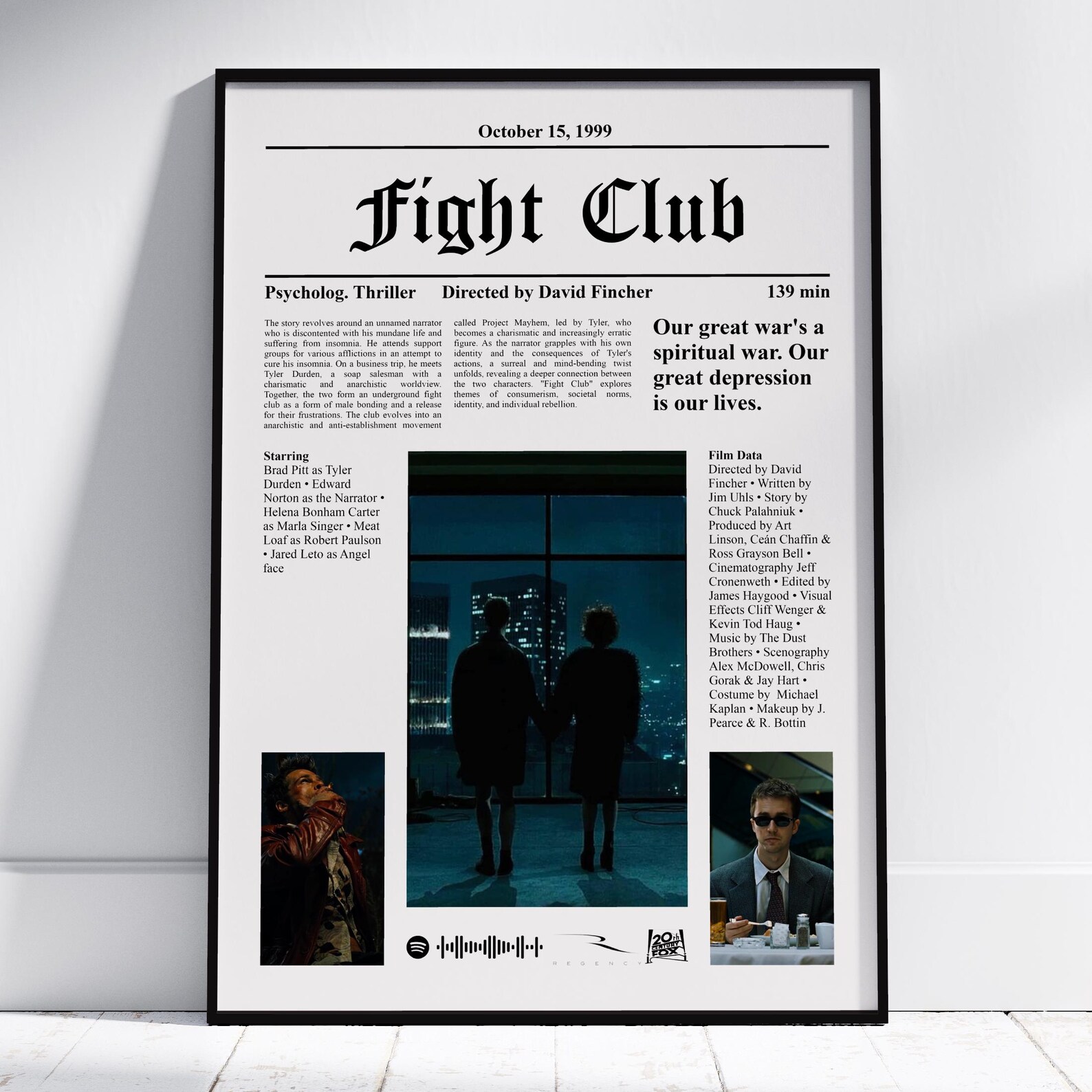 Film Movie Poster Newspaper Style Fight Club, David Fincher, Frame Wall ...