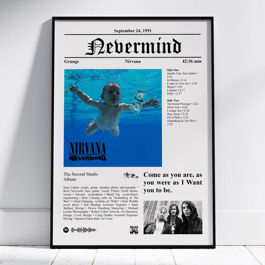 Album Music Poster Newspaper Style Nevermind, Nirvana, Frame Wall Art ...
