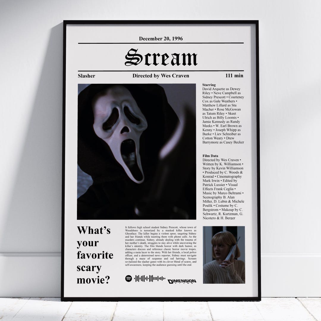 Film Movie Poster Newspaper Style Scream, Wes Craven, Frame Wall Art ...