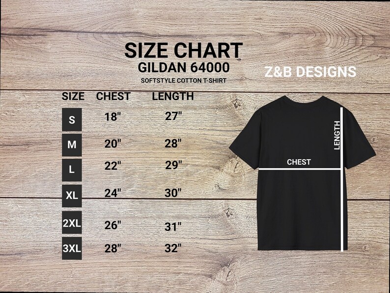 Size Chart Gildan 64000 Softstyle Mockup Shirt Wood Background Gildan