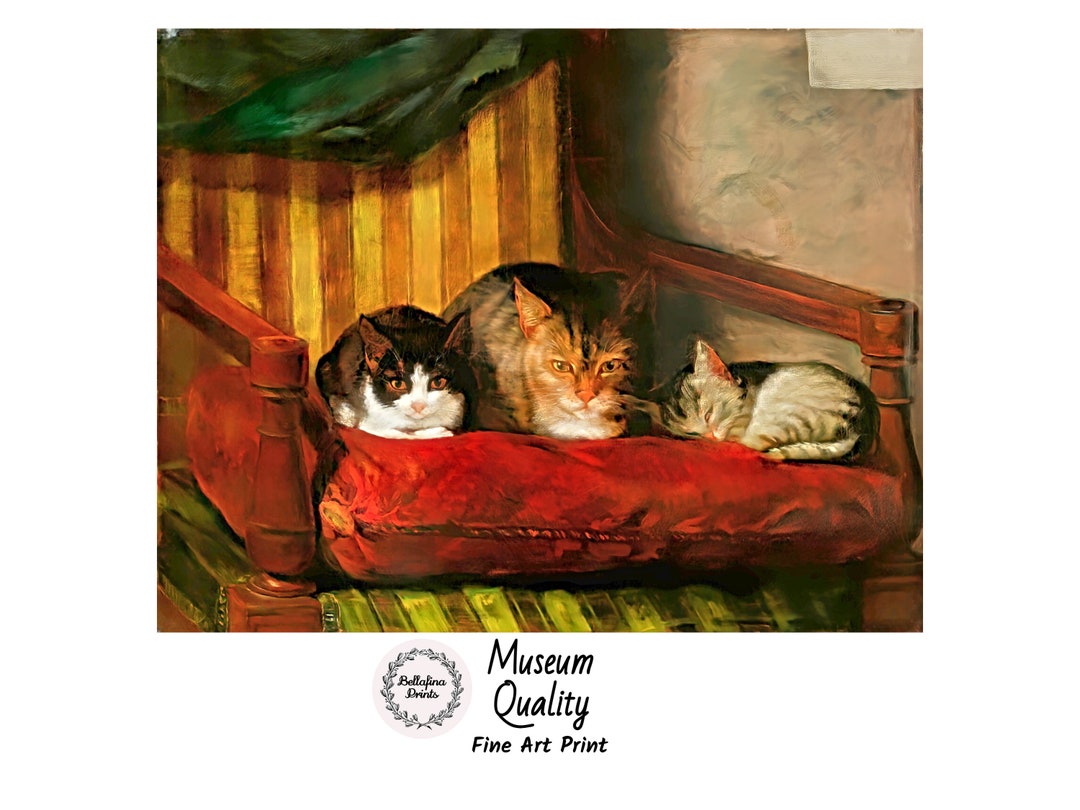 Adolf Von Becker: Cat With Kittens, Vintage Portrait of Cat and Kittens ...