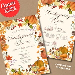 Thanksgiving Invite and Menu | DIY Editable Invitation Template for ...
