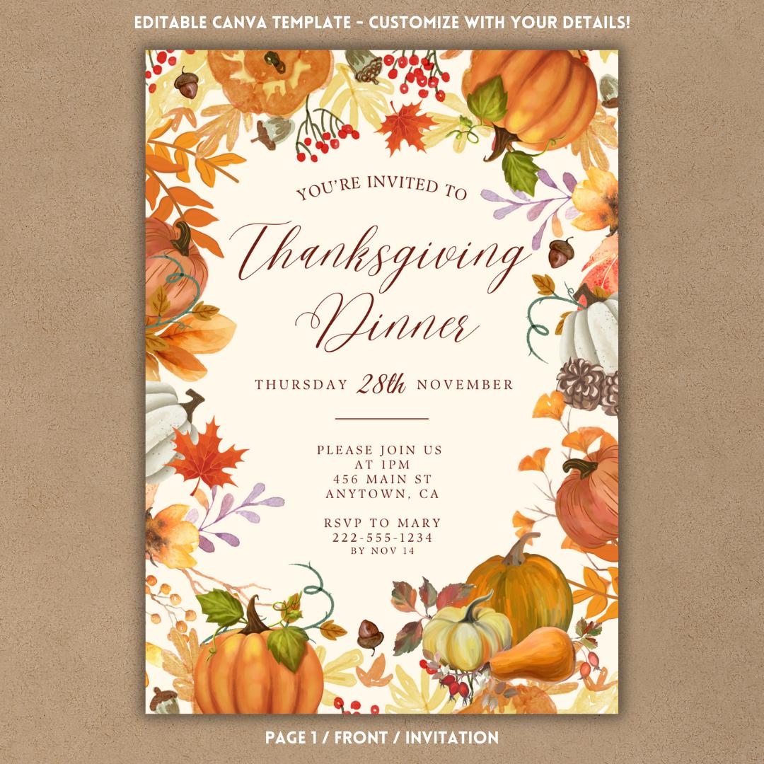 Thanksgiving Invite and Menu | DIY Editable Invitation Template for ...