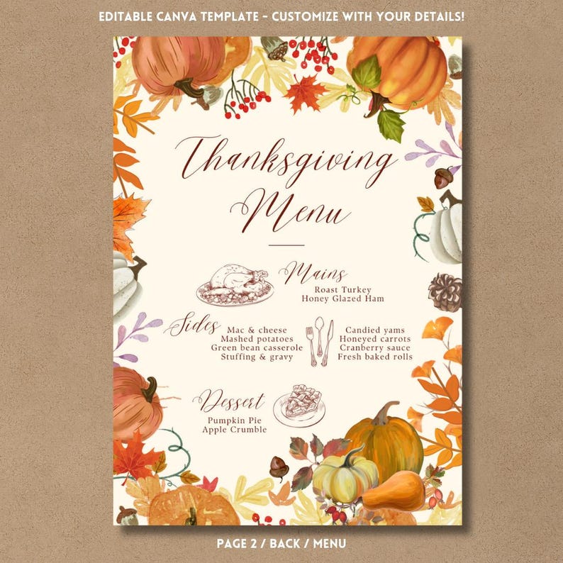 Thanksgiving Invite and Menu | DIY Editable Invitation Template for ...