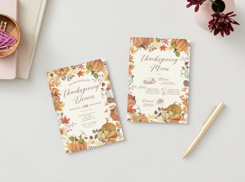 Thanksgiving Invite and Menu | DIY Editable Invitation Template for ...
