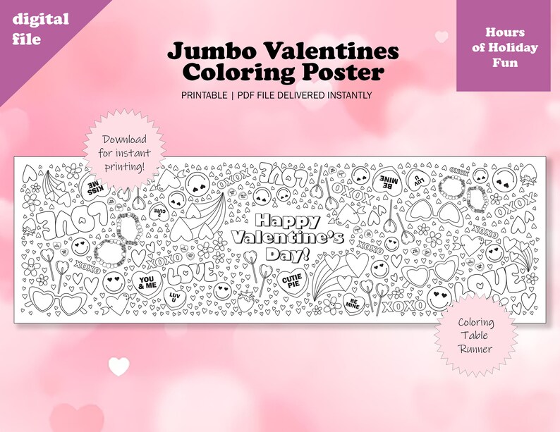 Giant Valentine's Day Coloring Table Runner, Valentine Party Coloring ...