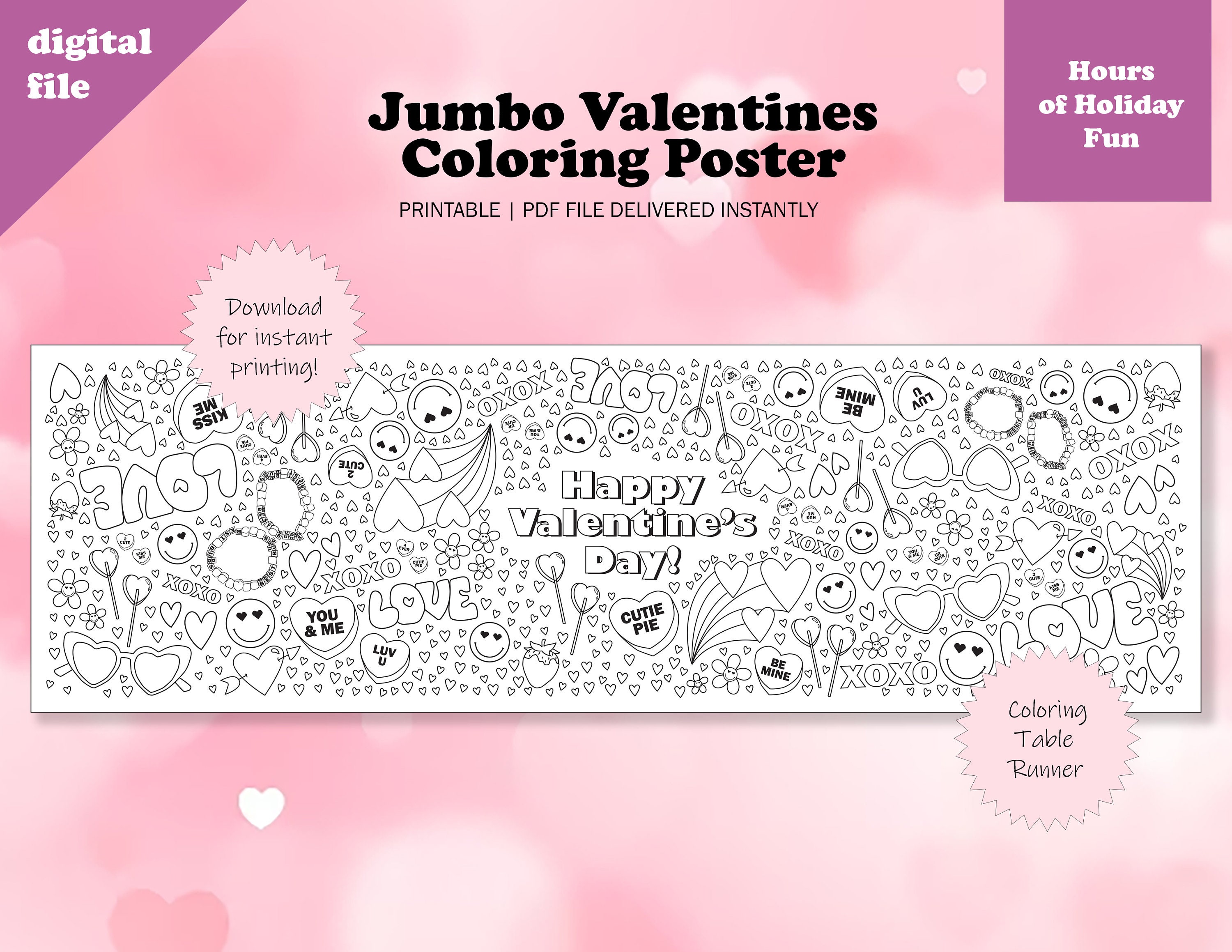 Giant Valentine's Day Coloring Table Runner, Valentine Party Coloring ...