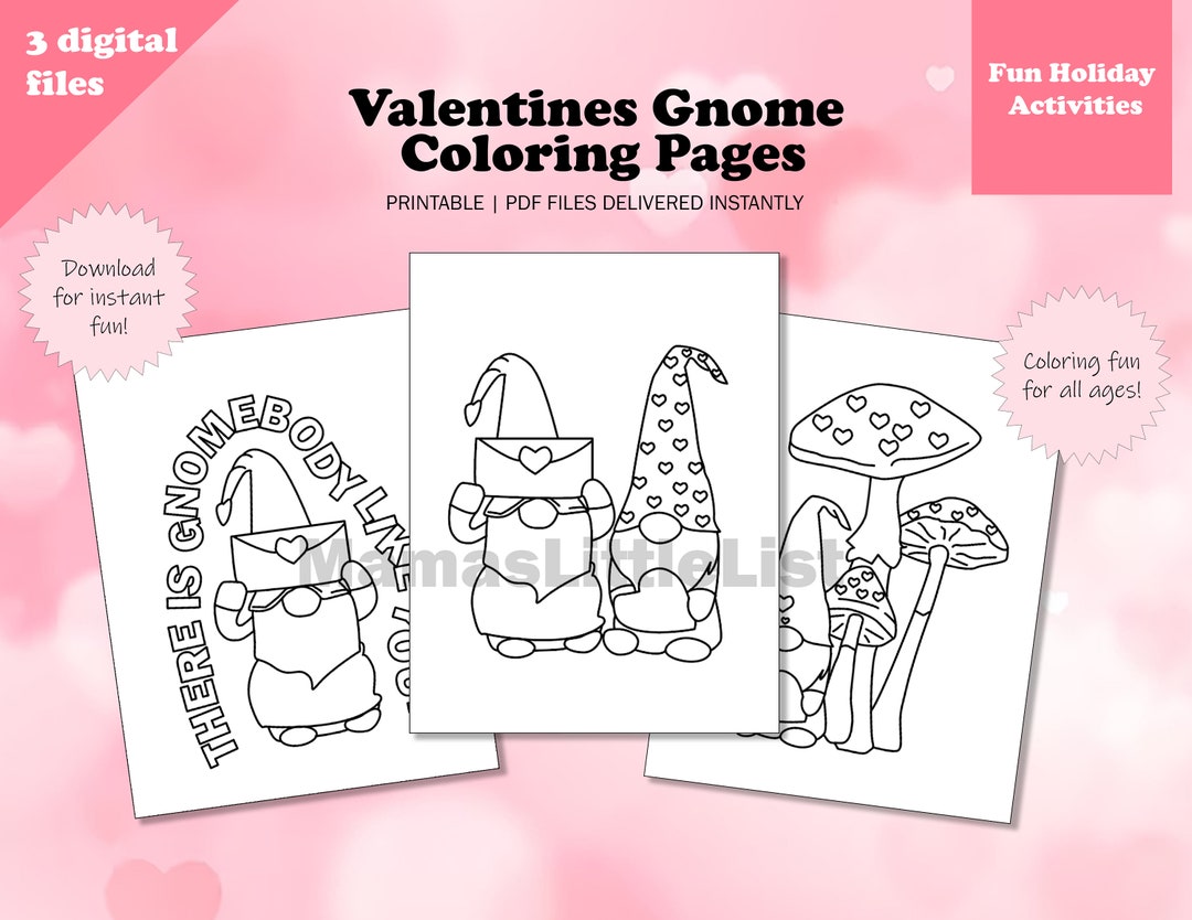 Gnome Valentine's Day Coloring Page Set - Instant Download - Kids ...