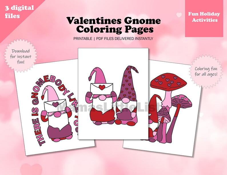 Gnome Valentine's Day Coloring Page Set - Instant Download - Kids ...