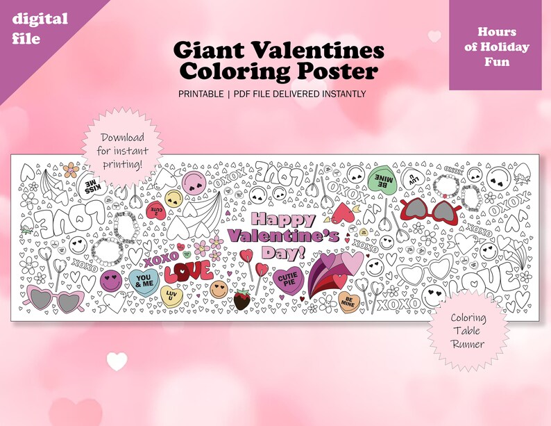 Giant Valentine's Day Coloring Table Runner, Valentine Party Coloring ...