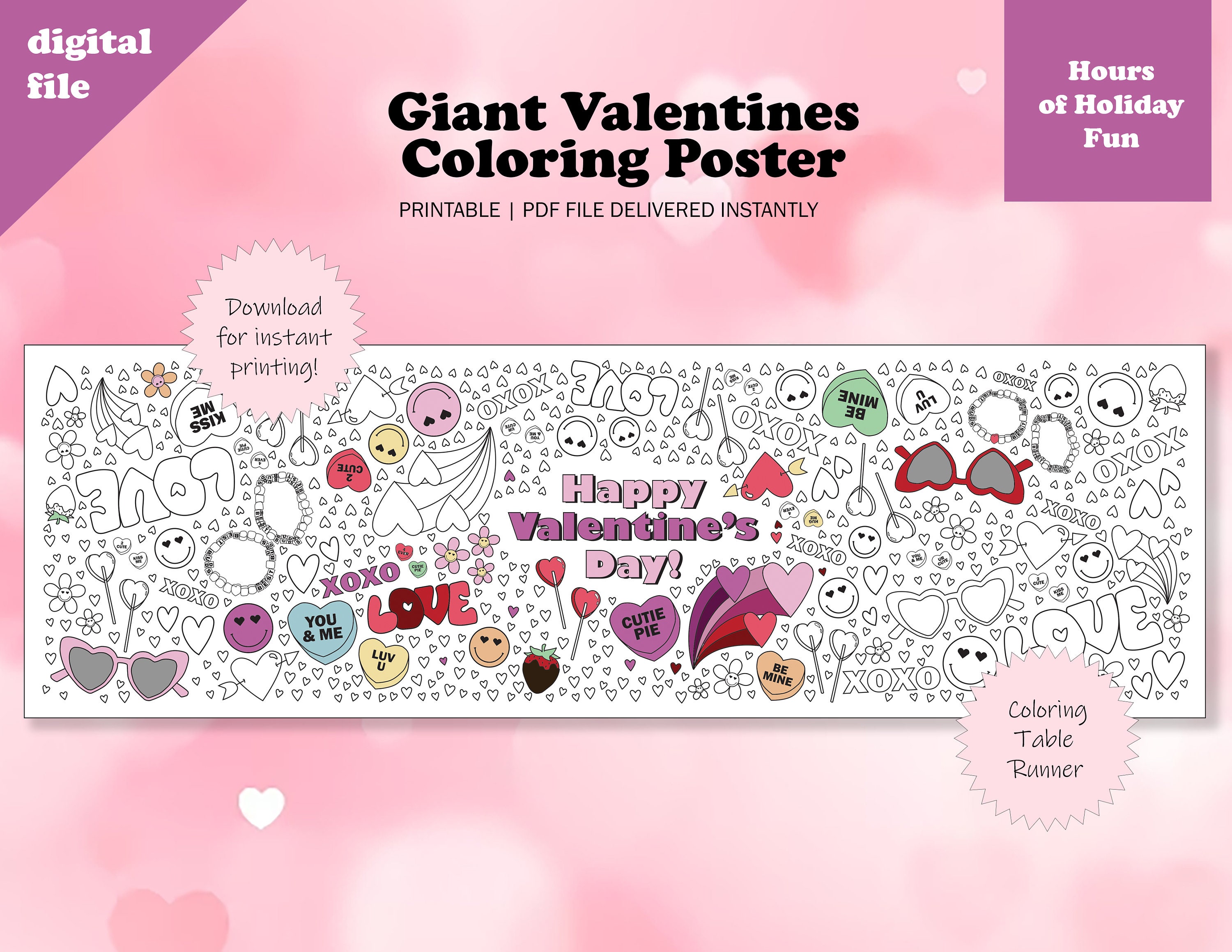Giant Valentine's Day Coloring Table Runner, Valentine Party Coloring ...
