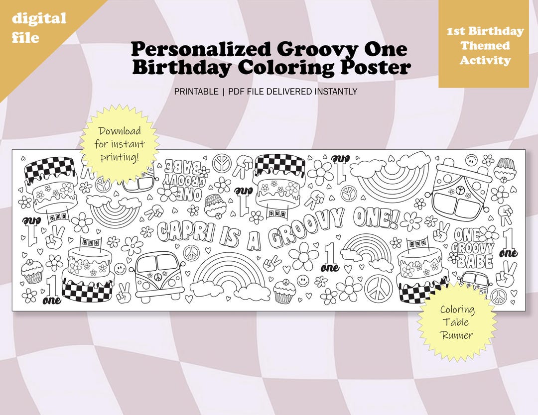 Personalized Groovy One Birthday Coloring Table Runner for 1st Birthday ...