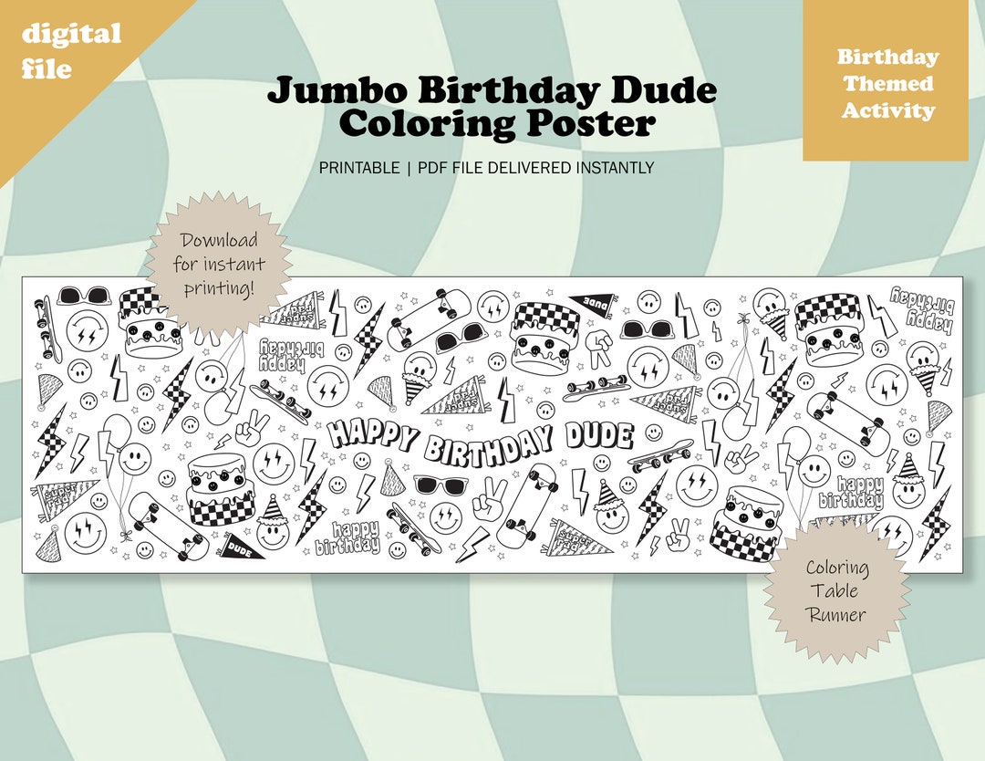 Happy Dude Birthday Coloring Table Runner Skater Dude Birthday Day ...