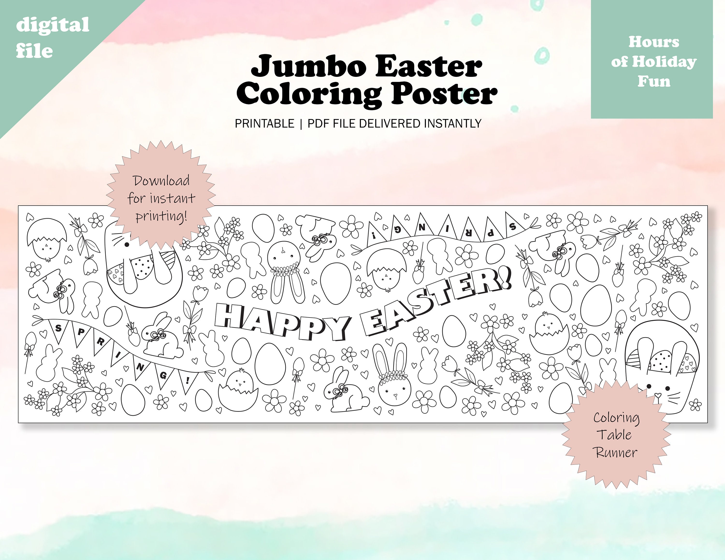 Giant Easter Coloring Table Runner, Spring Poster Page, Jumbo Happy ...
