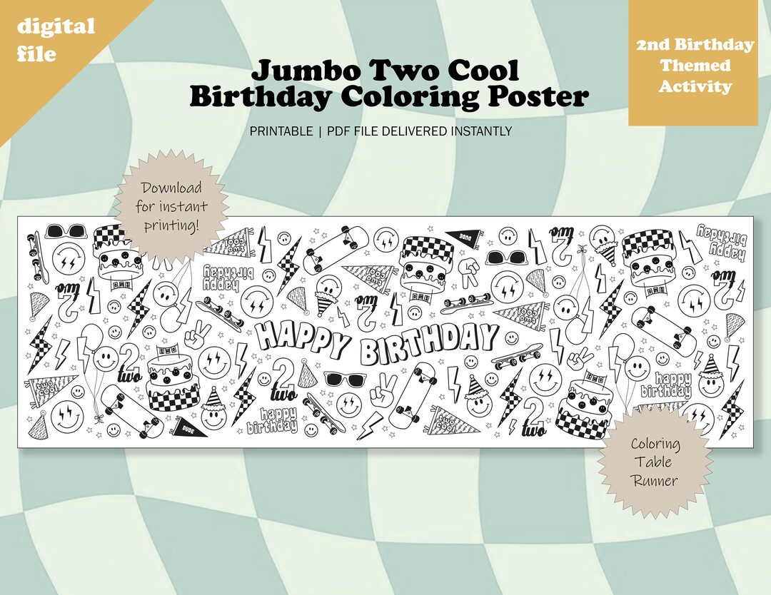 Giant Two Cool Coloring Table Runner, Second 2nd Birthday Day Poster ...