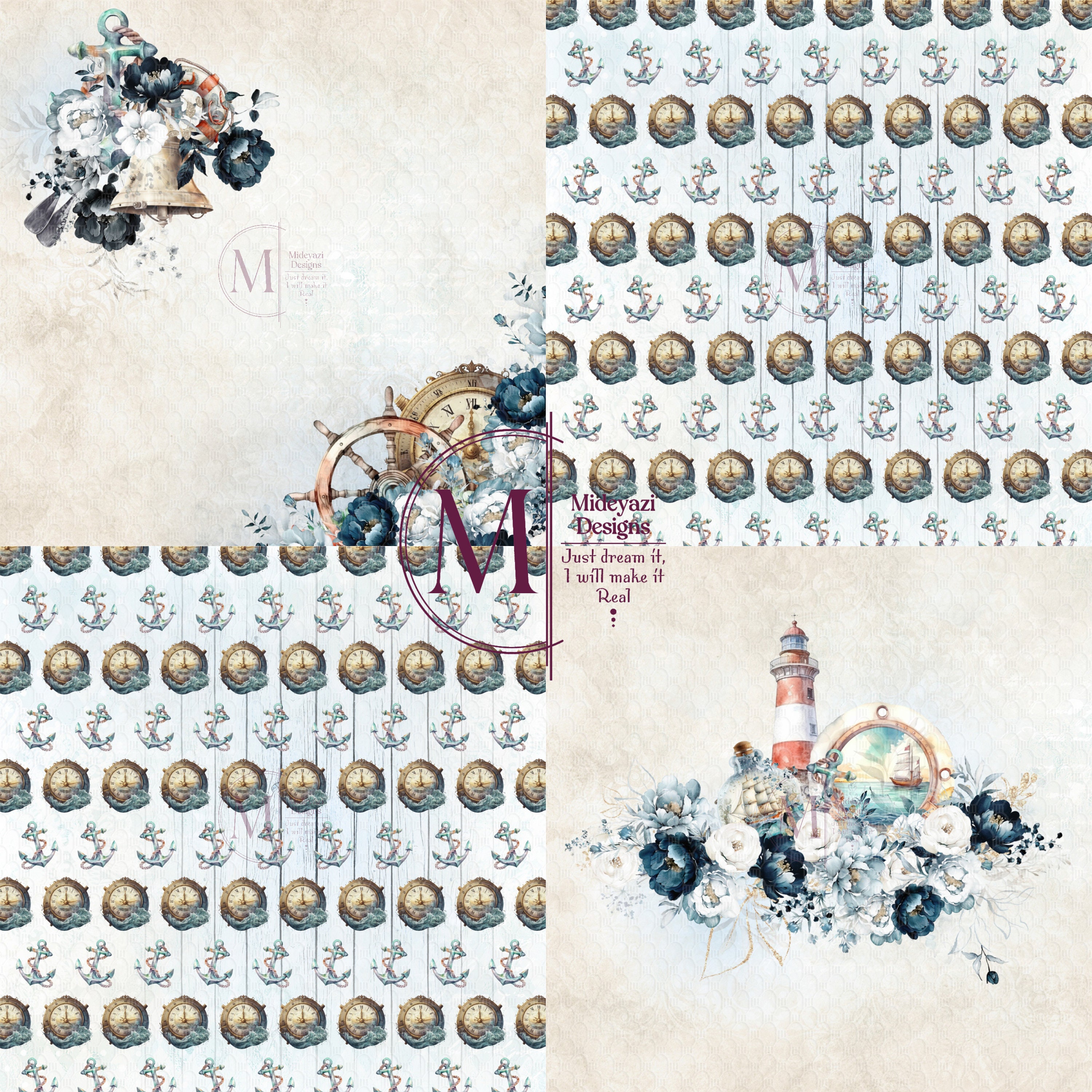 Nautical Digital Paper Pack, Sea Wedding Scrapbook Paper, Marine ...