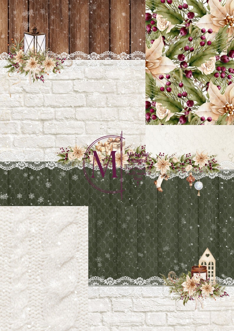 Bohemian Christmas Digital Paper Pack, Poinsettia Scrapbook, Digital ...