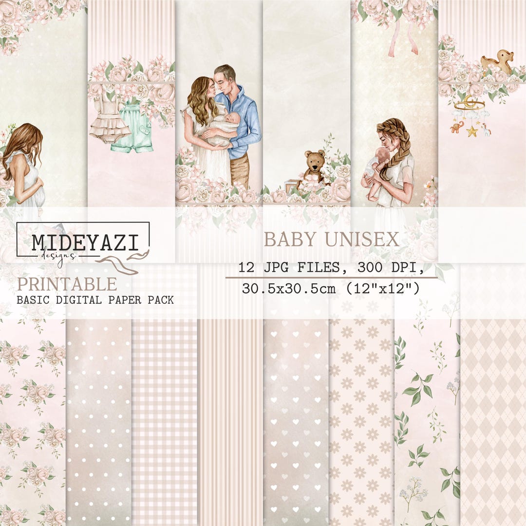 Unisex Baby Digital Paper Pack, Scrapbook Paper Pack, Antique Pattern ...