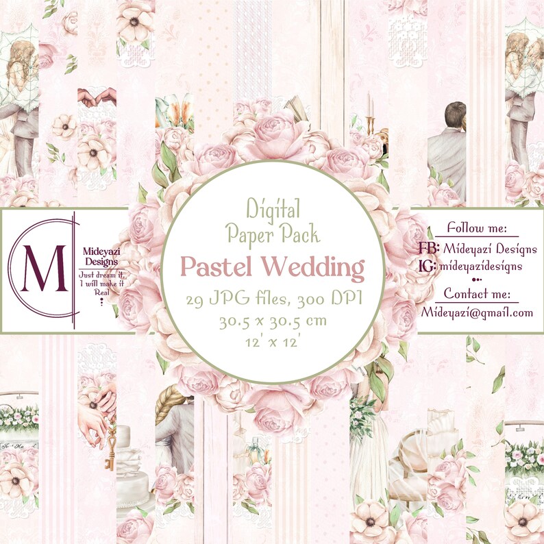 Pastel Wedding Digital Paper Bride and Groom Ceremony Printable Cards ...