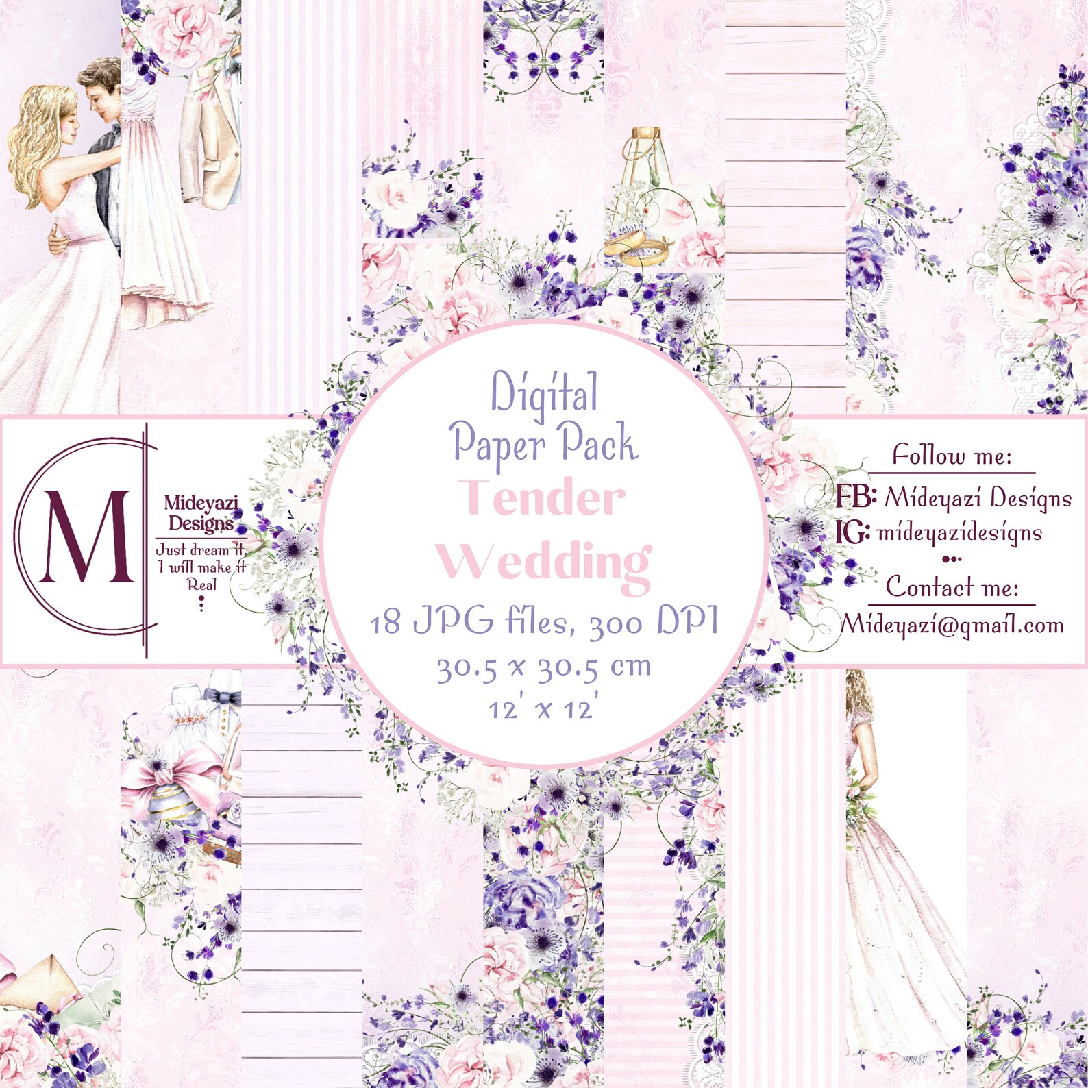 Tender Wedding Digital Paper Bride and Groom Ceremony Printable Elegant ...