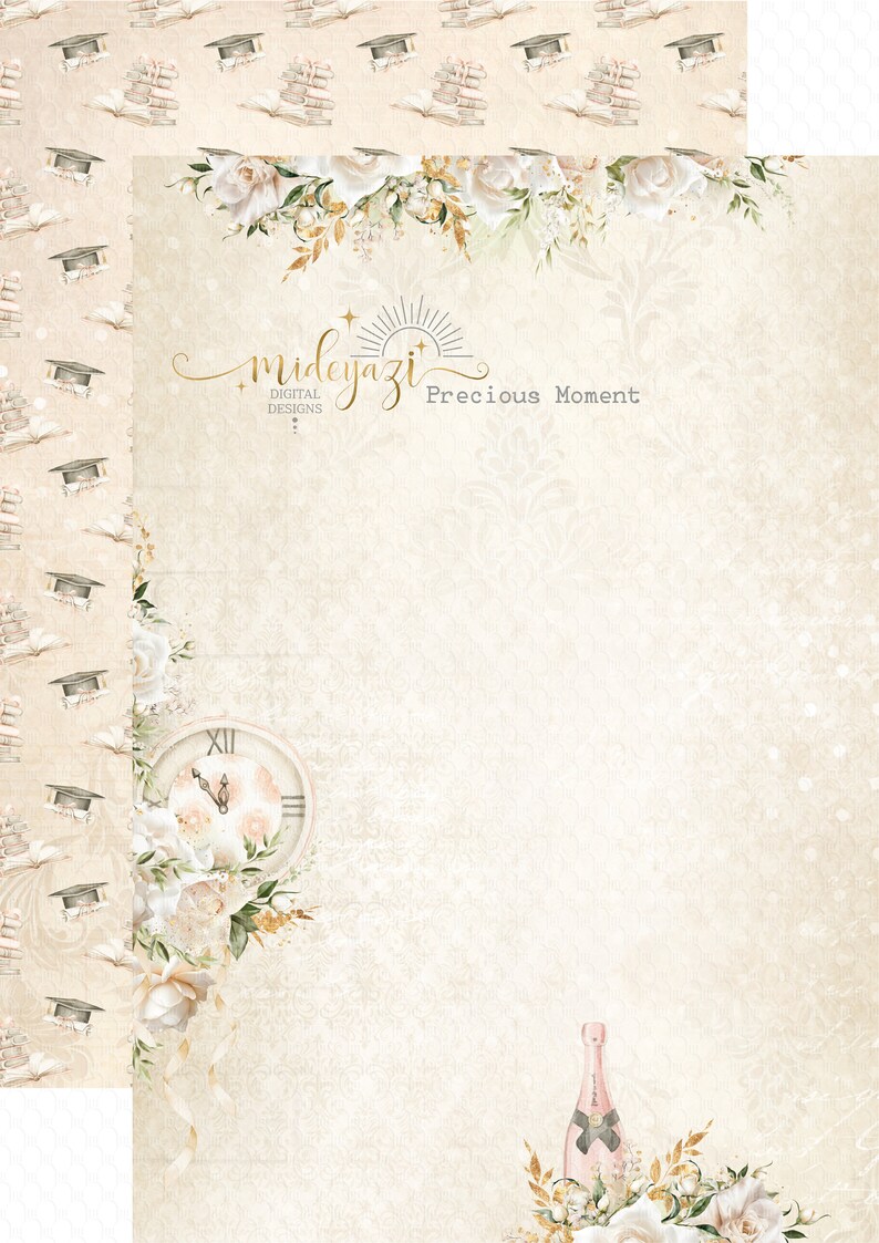 Graduation Digital Paper Elegant Scrapbook Pages A4 Printable Flowers ...