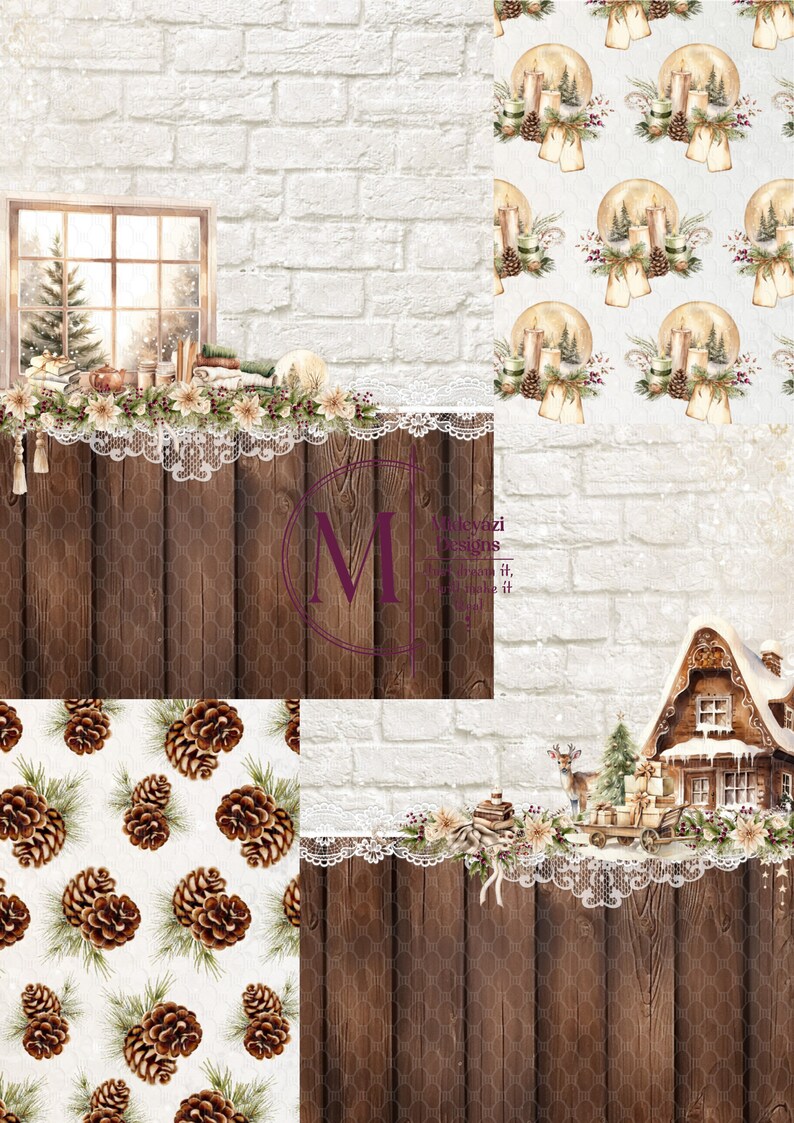 Boho Christmas Digital Paper Pack, Winter Seamless Pattern, Wood ...