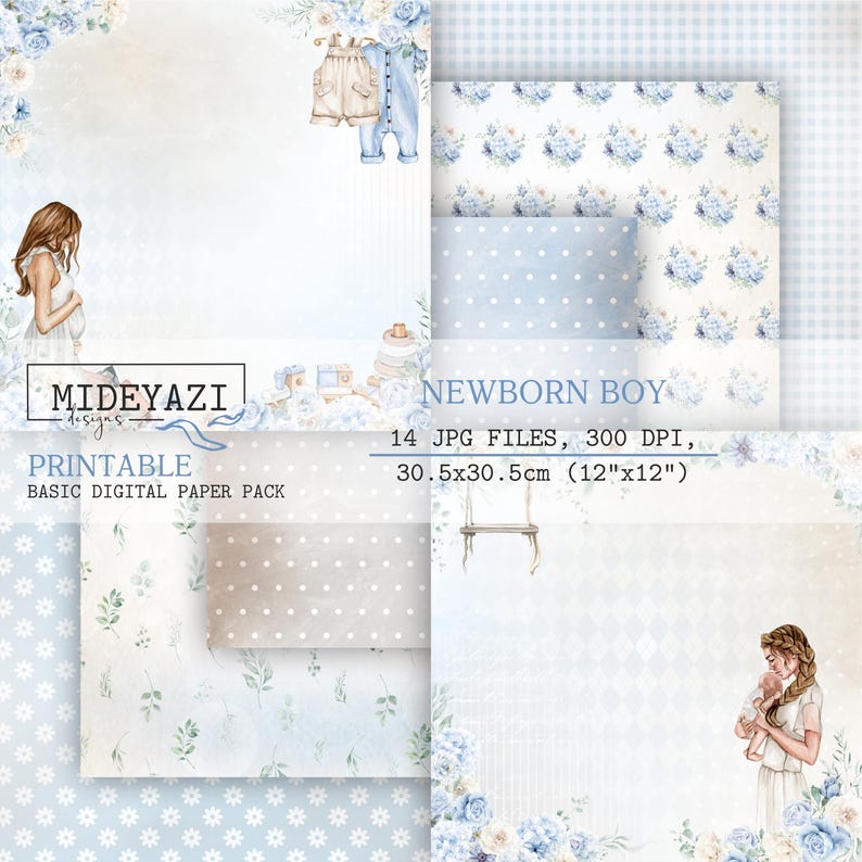 Welcome Baby Digital Papers, Newborn Boy Printable, Scrapbook Digital ...