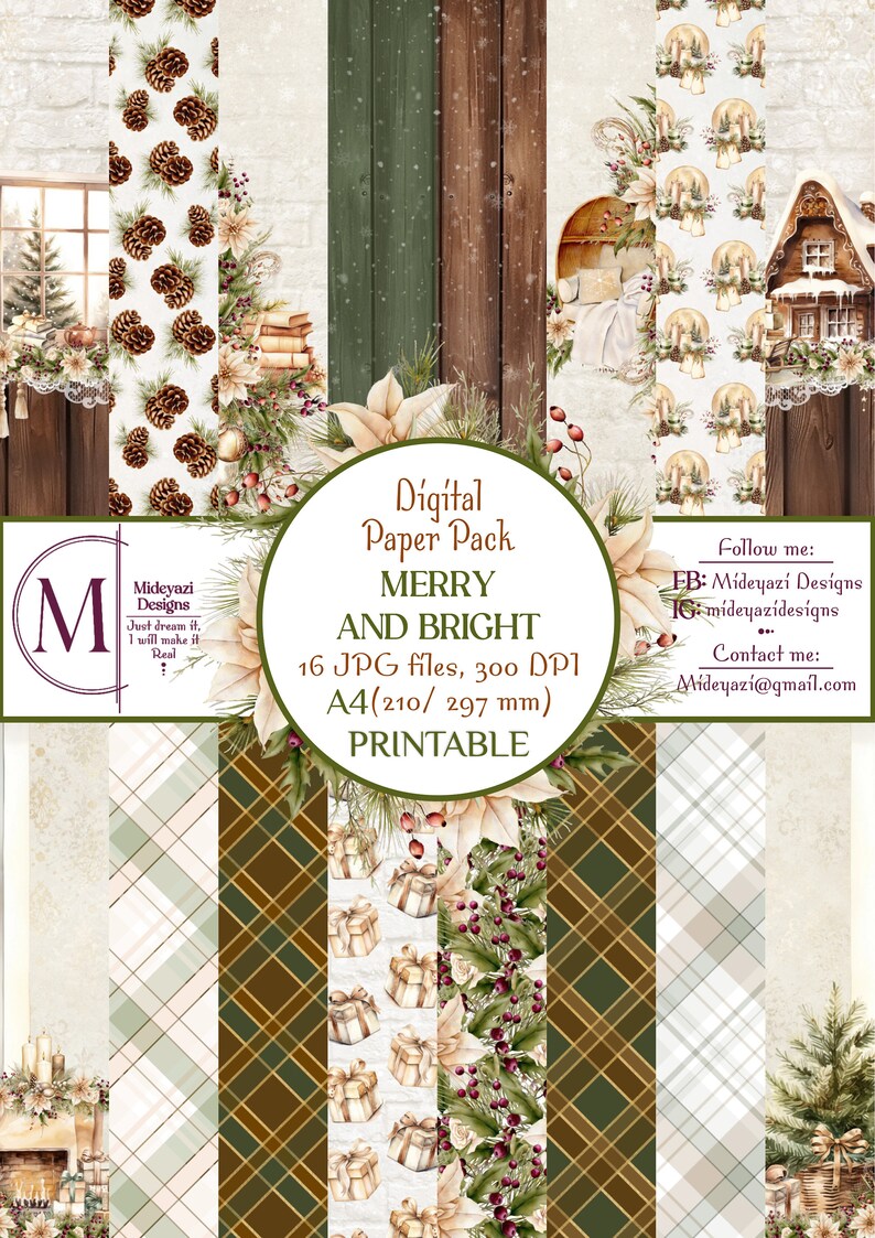 Boho Christmas Digital Paper Pack, Winter Seamless Pattern, Wood ...