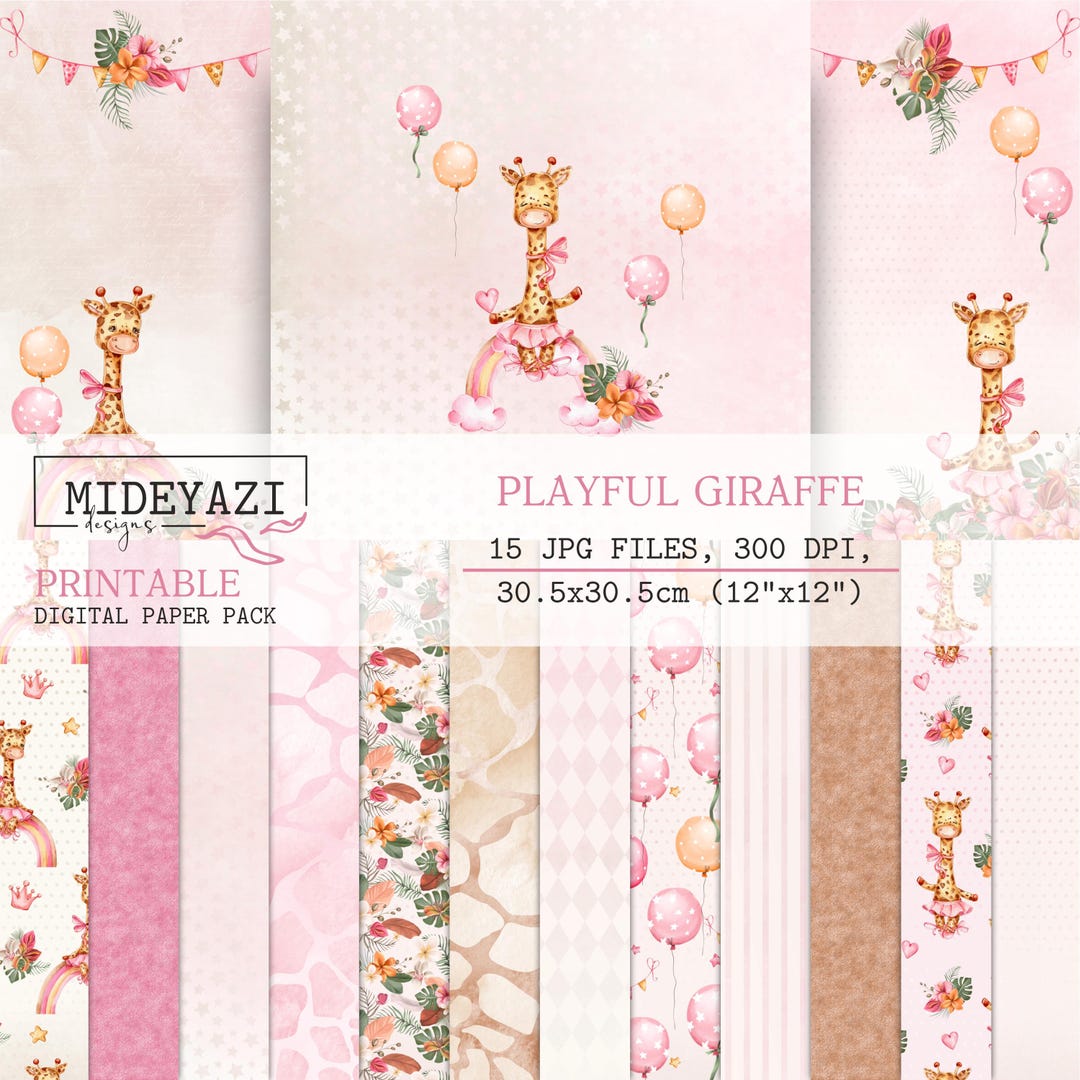 Playful Giraffe Digital Paper Pack, Printable Scrapbook Paper, Baby ...
