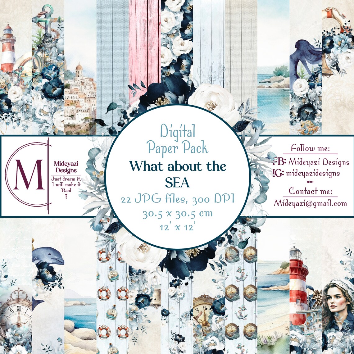 Nautical Digital Paper Pack, Sea Wedding Scrapbook Paper, Marine ...