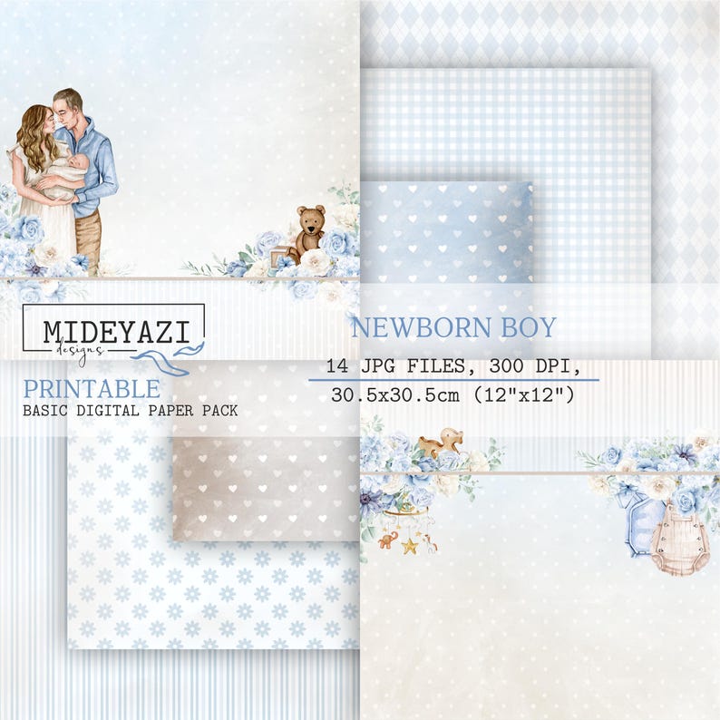 Welcome Baby Digital Papers, Newborn Boy Printable, Scrapbook Digital ...