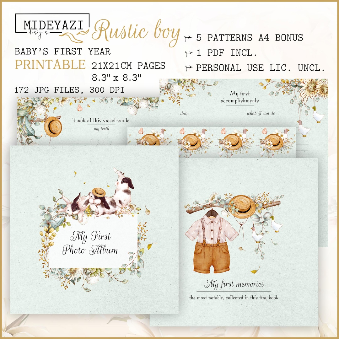 Printable Baby Book Pages, Rustic Boy Baby Book, First Year Baby Boy ...
