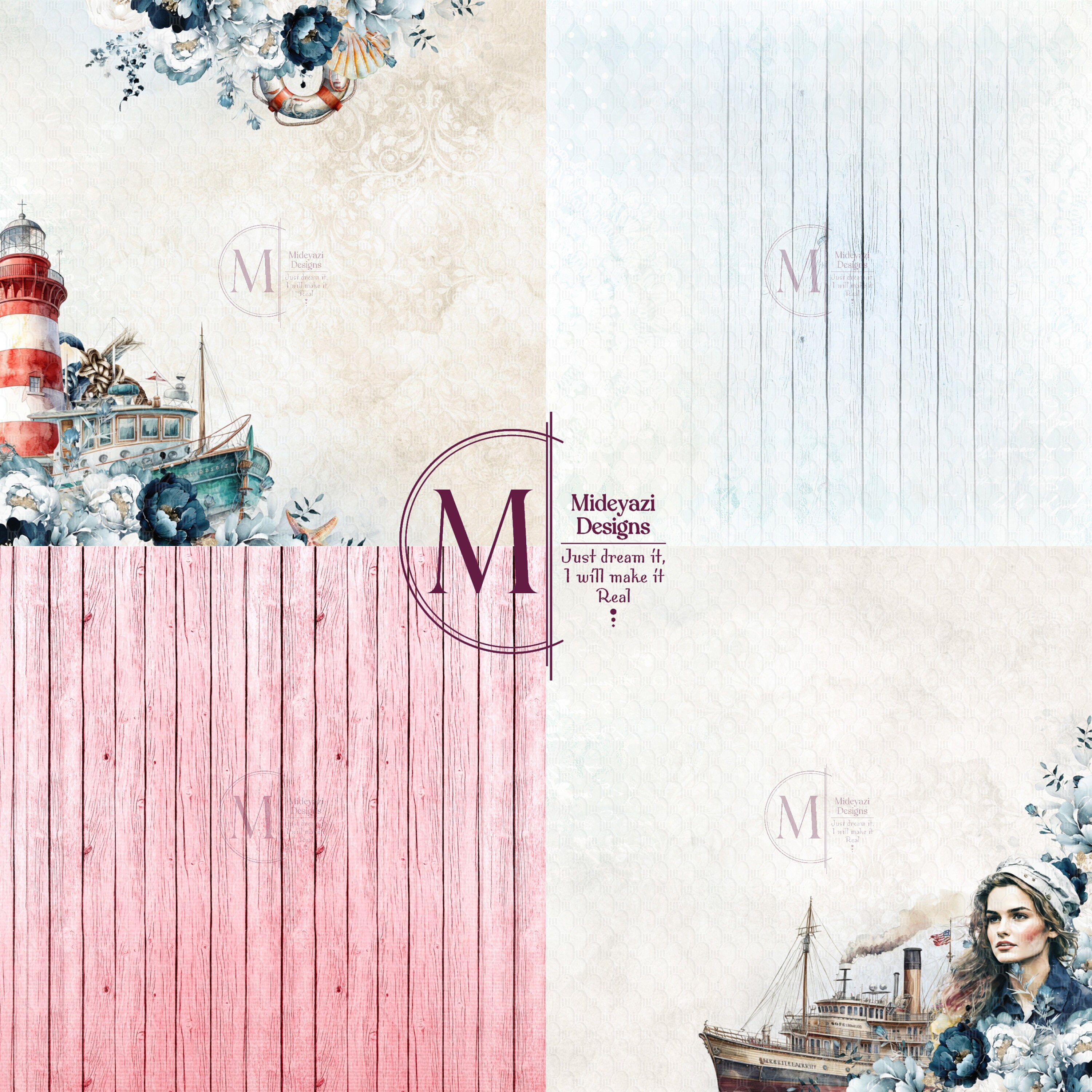 Nautical Digital Paper Pack, Sea Wedding Scrapbook Paper, Marine ...