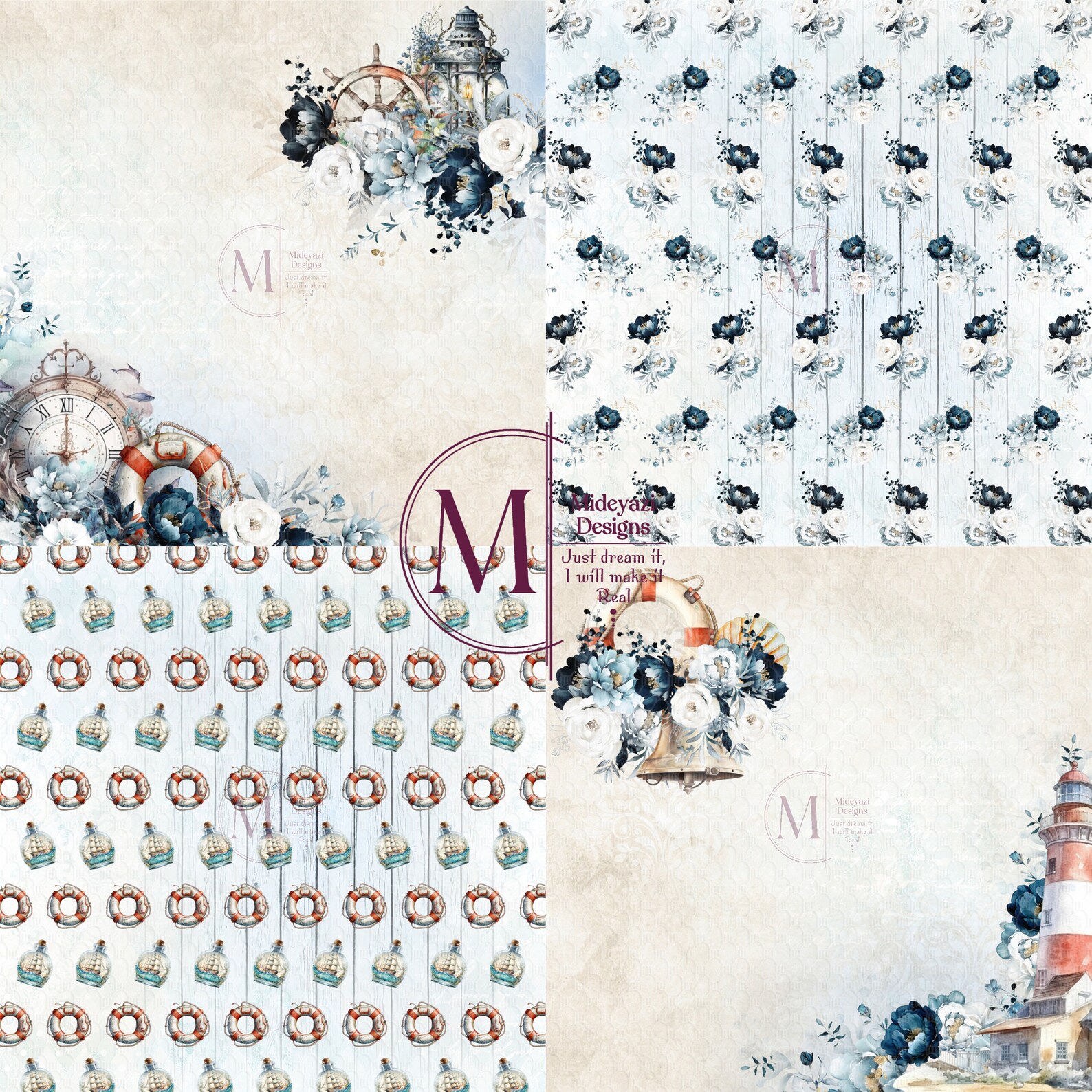 Nautical Digital Paper Pack, Sea Wedding Scrapbook Designs, Digital ...