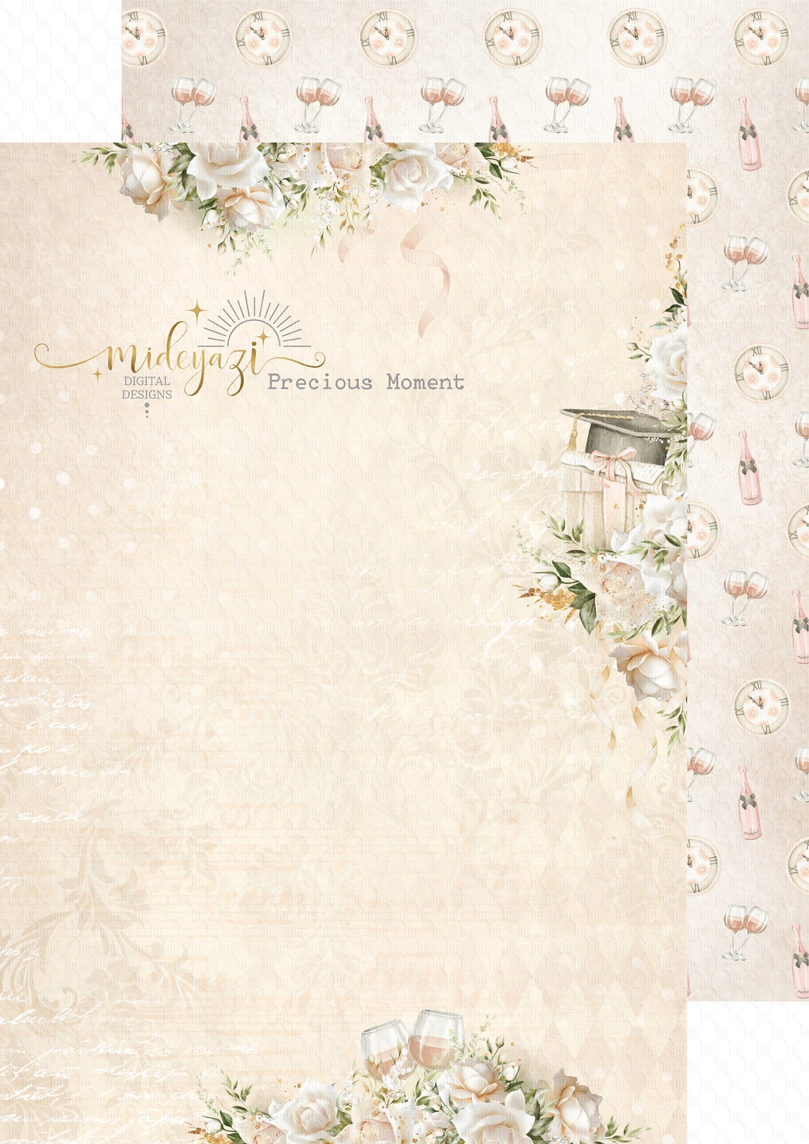 Graduation Digital Paper Elegant Scrapbook Pages A4 Printable Flowers ...