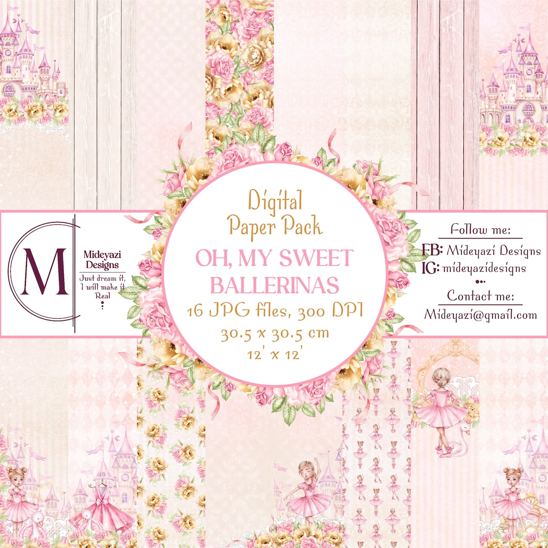 Ballet Digital Paper, Watercolor Ballerina Pages, Roses and Peonies ...