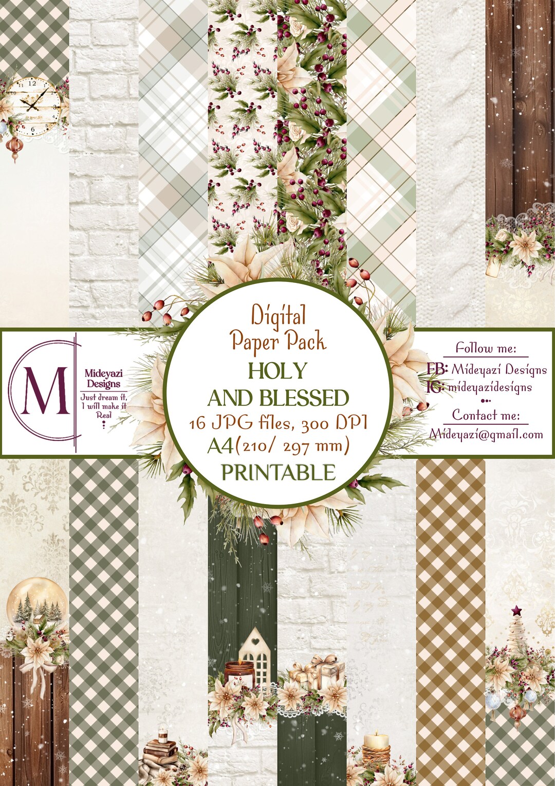 Bohemian Christmas Digital Paper Pack, Poinsettia Scrapbook, Digital ...