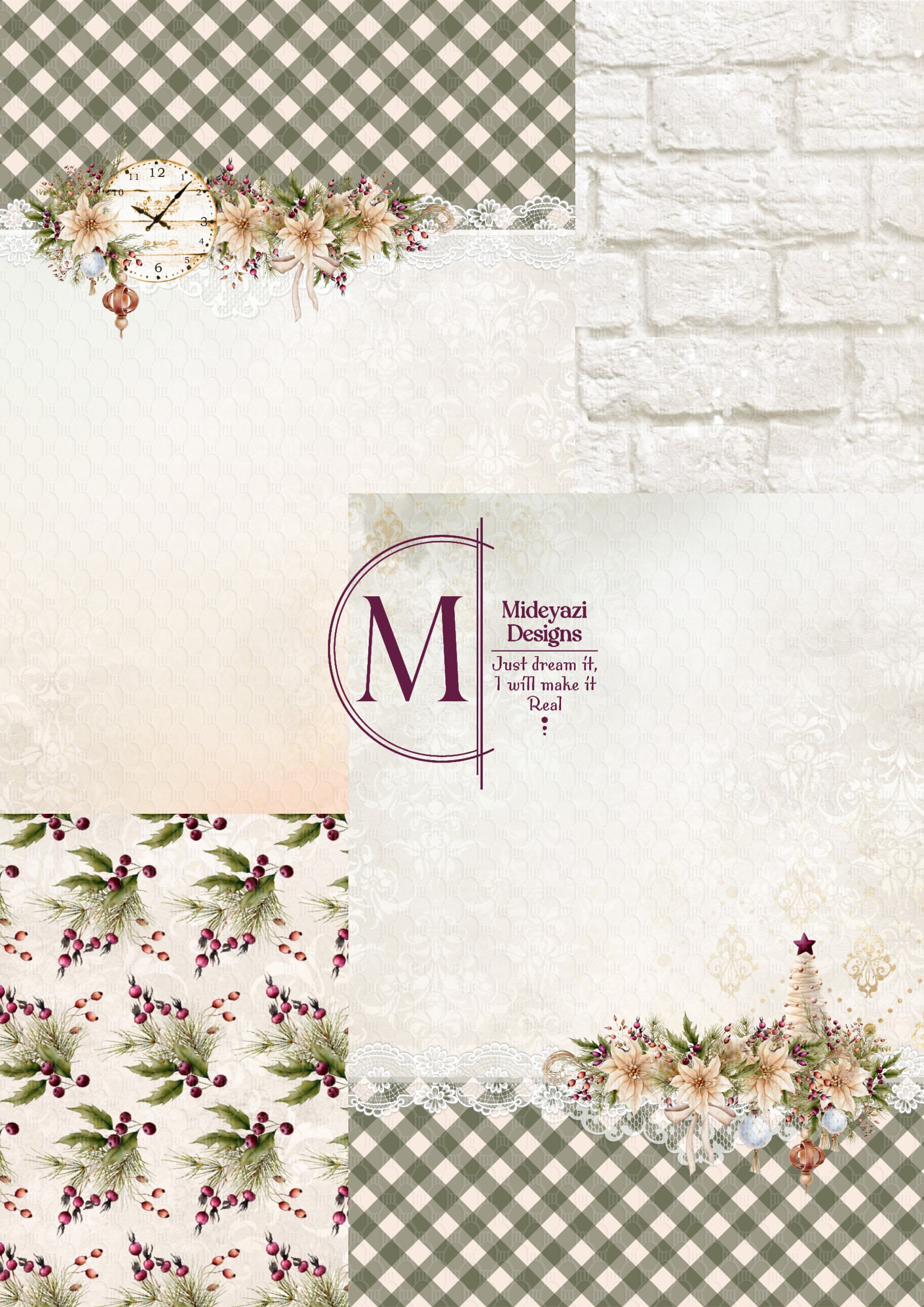 Bohemian Christmas Digital Paper Pack, Poinsettia Scrapbook, Digital ...