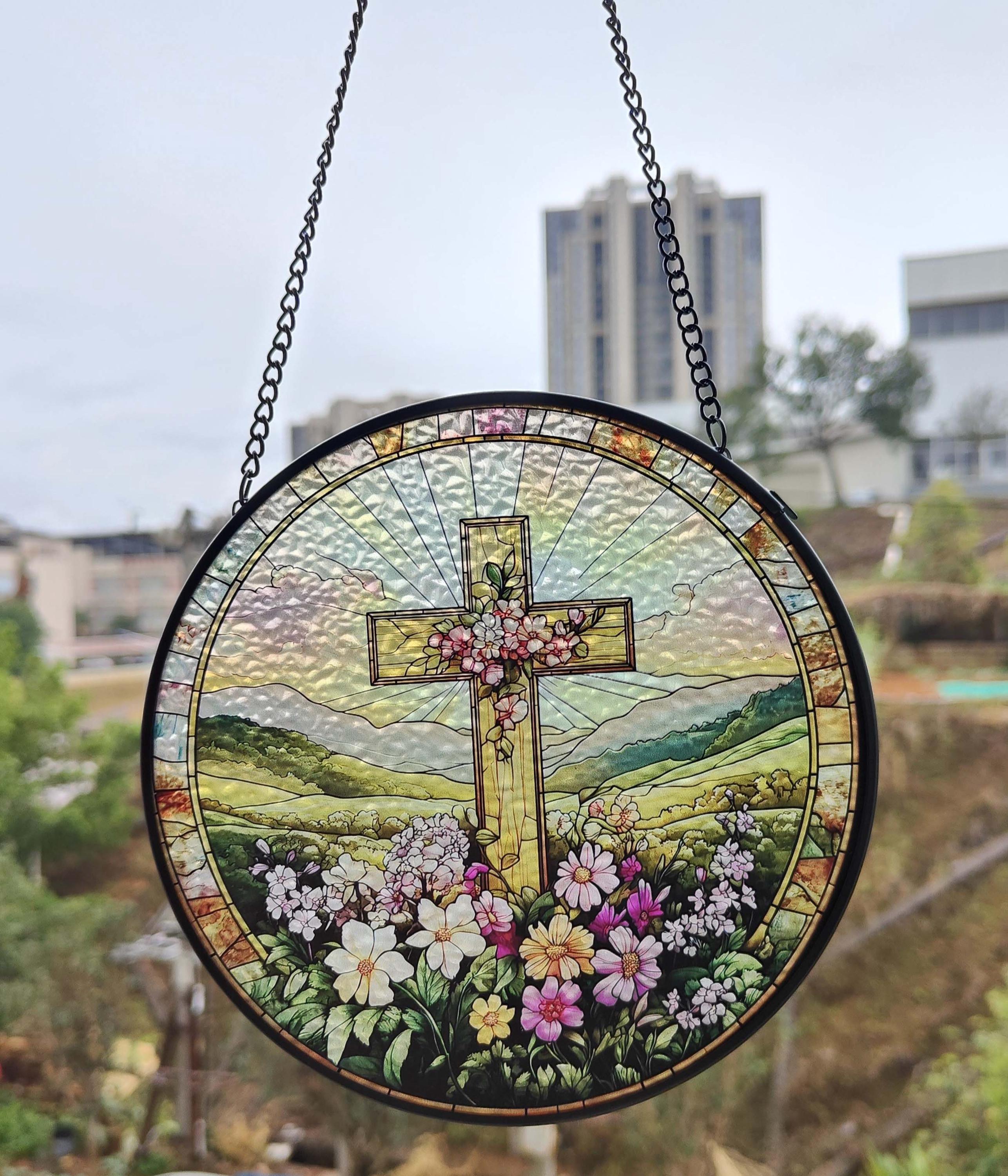 Christian Cross Wildflowers Stained Glass Suncatcher, Christian Faith ...