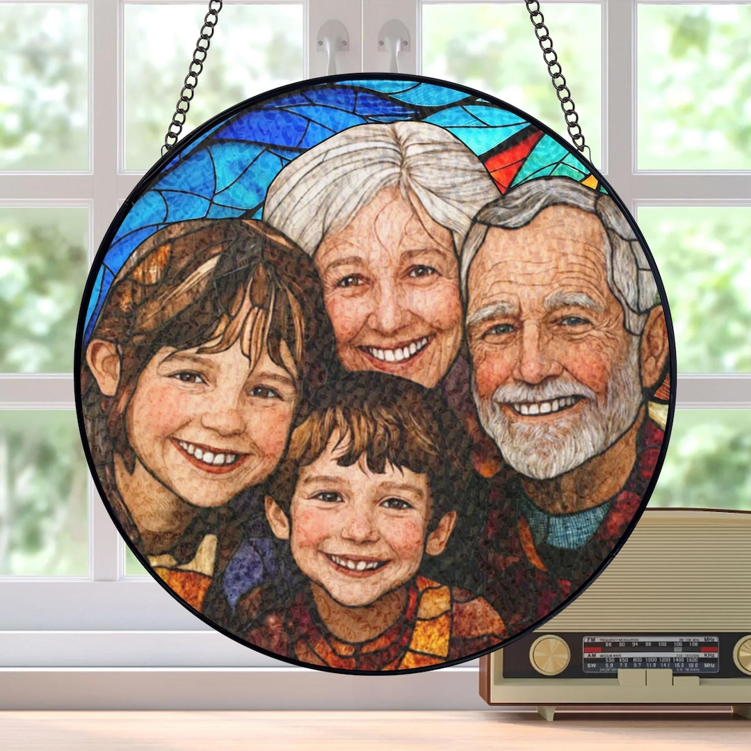 Custom Family Portrait Glass Suncatcher, Grandparents Glass Art, Family ...
