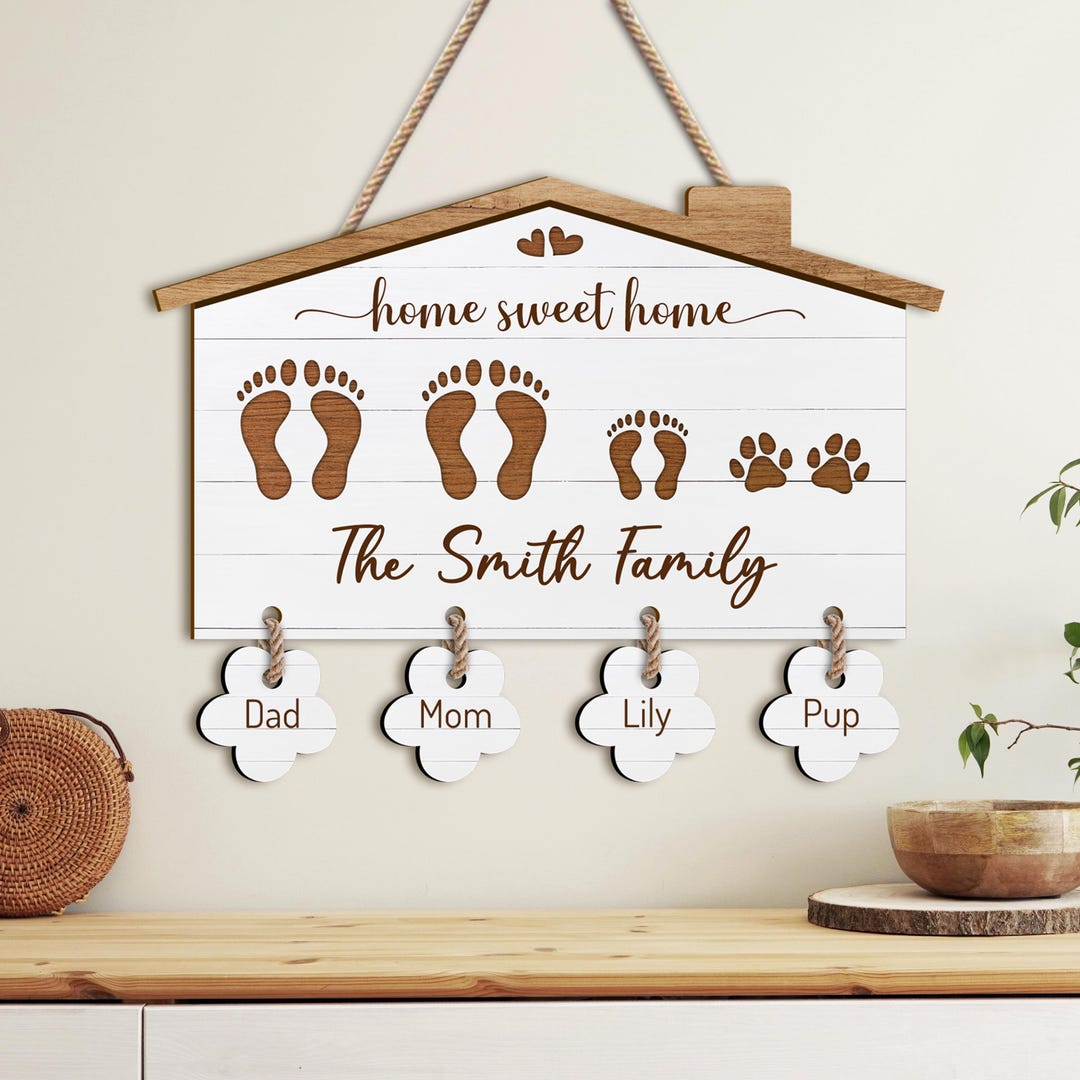 Custom Home Sweet Home Family of 4 Wooden Sign, Dog Cat Mom Welcome ...