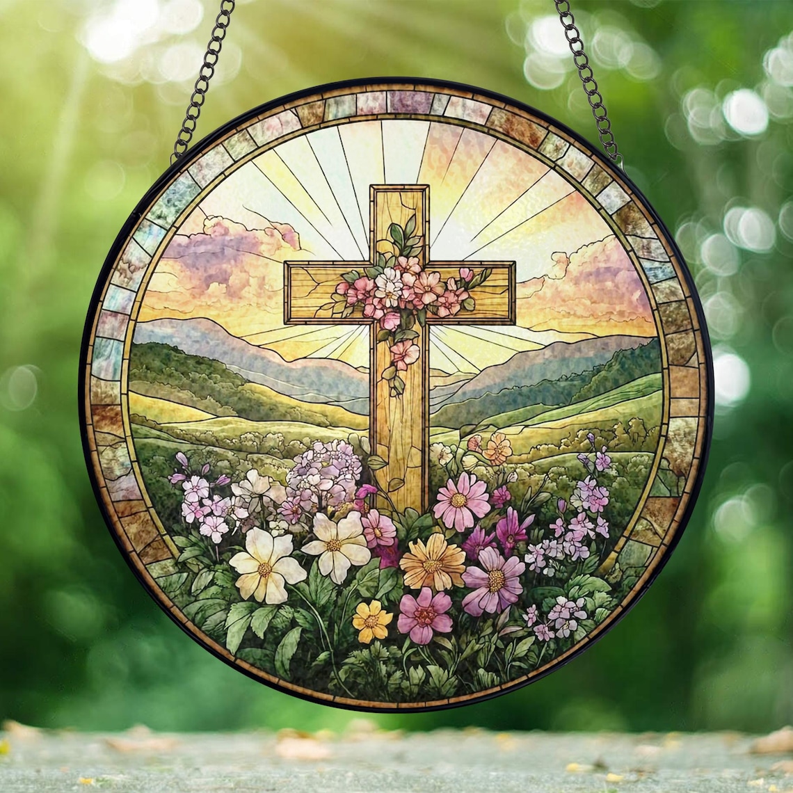 Christian Cross Wildflowers Stained Glass Suncatcher, Christian Faith ...