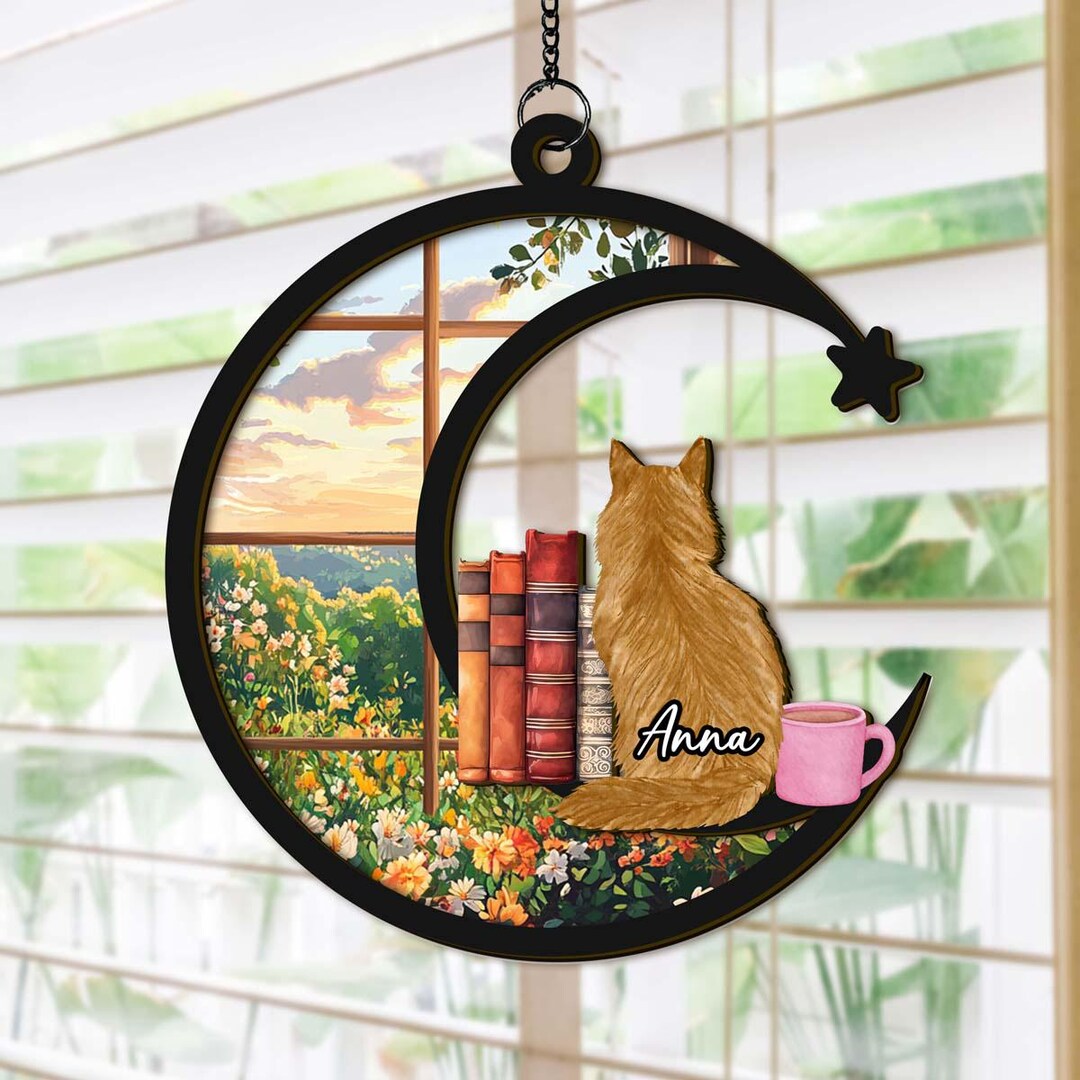 Personalized Cat Book Suncatcher, Custom Reading Cat Suncatcher ...