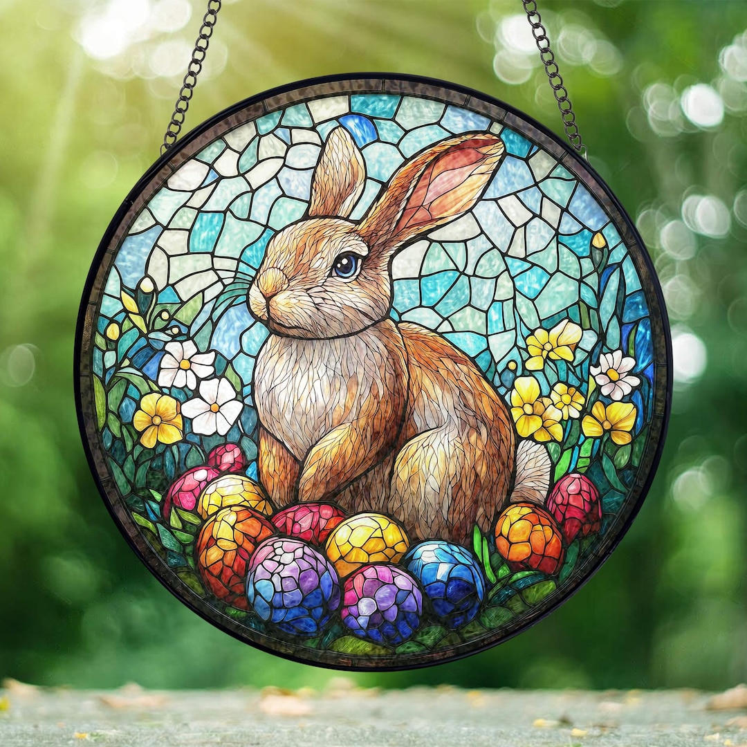 Easter Bunny With Eggs Stained Glass Suncatcher, Easter Rabbit Floral ...