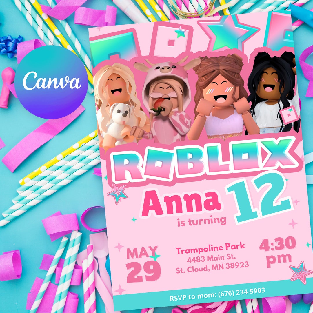 Canva Instant Download • Roblox Fully Editable Birthday Pink and Teal ...