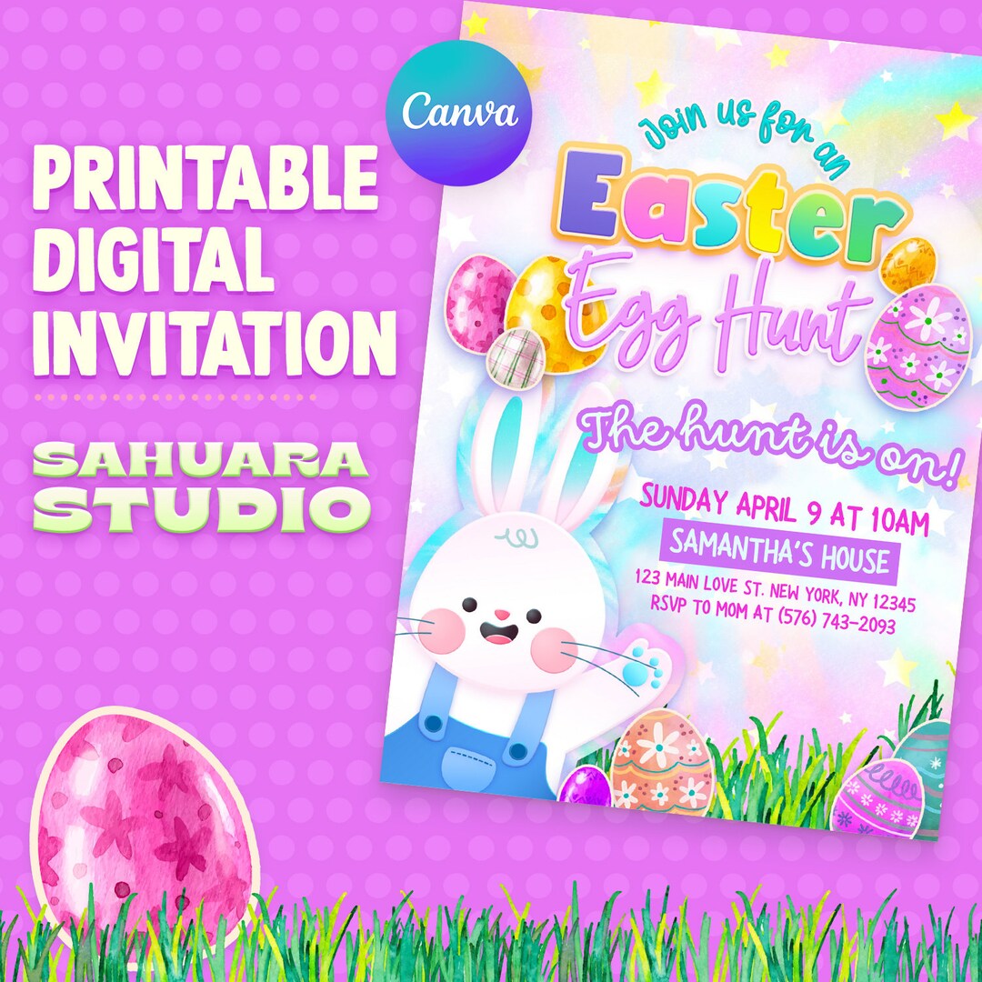 Canva Instant Download • Easter Bunny Party Invite (fully Editable ...