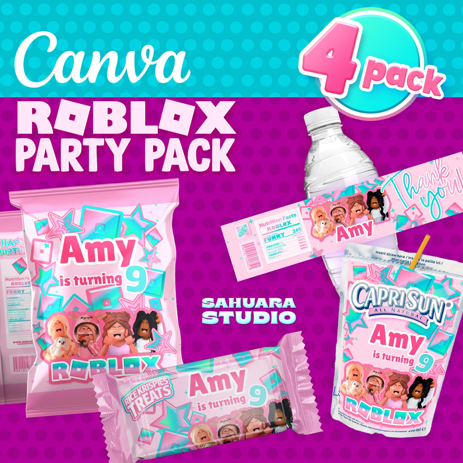 Canva Editable • Roblox Party Pack: Chip Bag, Rice Krispies, Caprisun ...